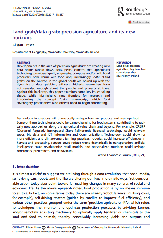 Land grab/data grab: precision agriculture and its new horizons ...
